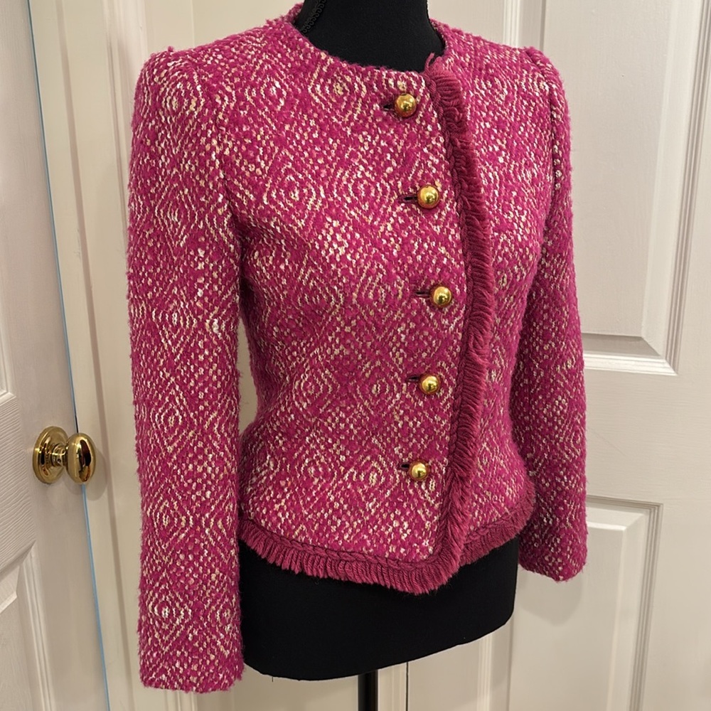 J. Crew Pink Tweed Gold Button Lady Jacket Fringe Bla… - Gem